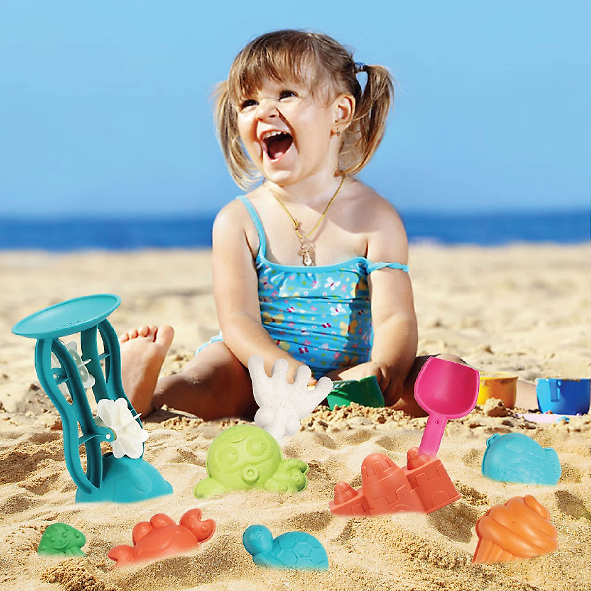 JOYIN 25 Pieces Beach Sand Toys Set with Mesh Bag Including Bucket, Car, Shovels, Rakes, Watering Can, Molds for Kids Summer Outdoor Beach Fun