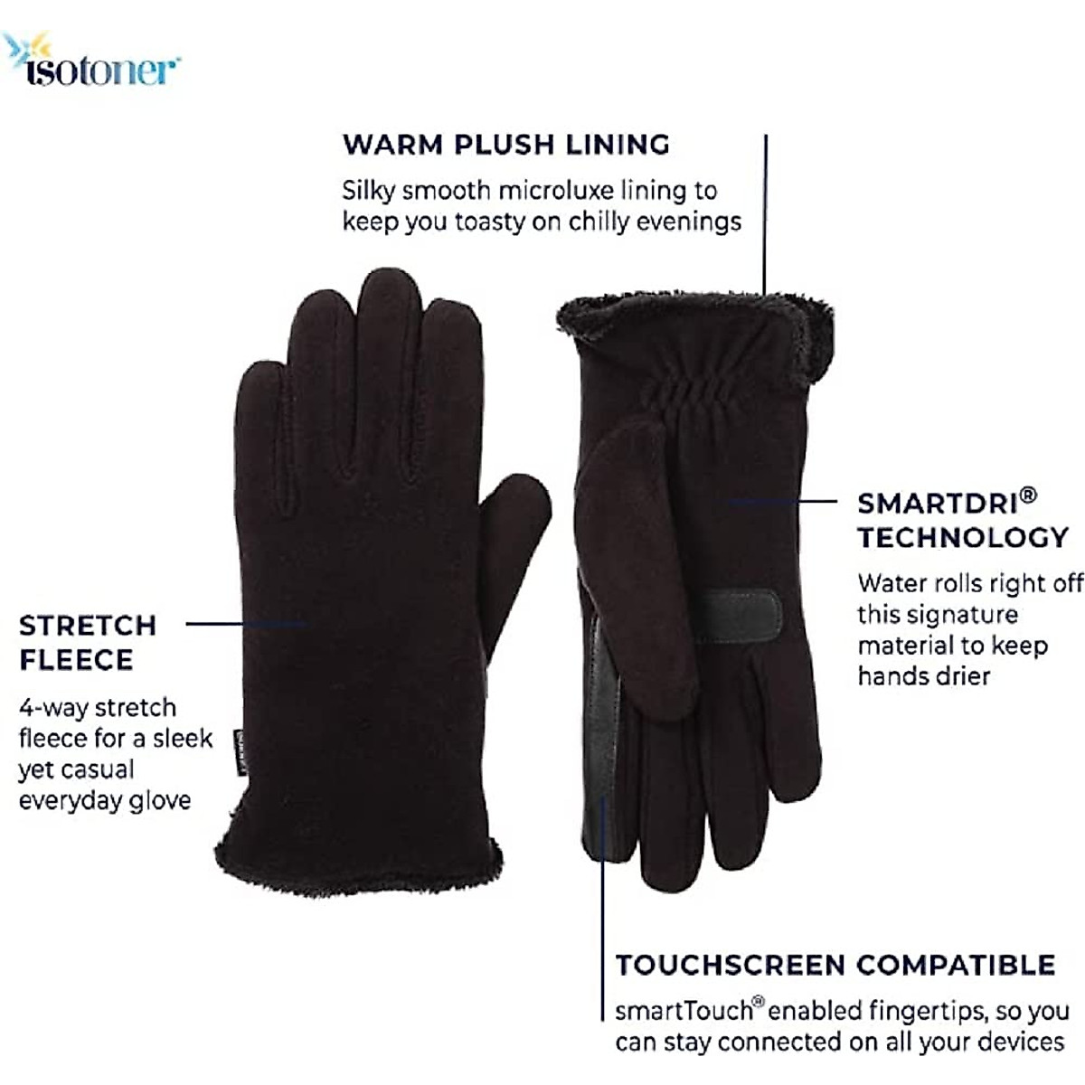 isotoner womens Stretch Fleece Glove - Microluxe Black One Size