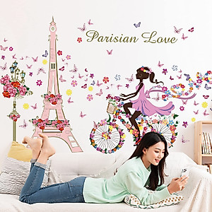 RW-9006 3D Flower Fairy Wall Decals Romance Paris Eiffel Tower Wall Stickers DIY Removable Girl Riding Bike Butterfly Floral Light Tower Decor for Girls Women Bedroom Living Room Nursery Decoration