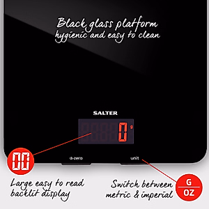 Salter Digital Platform Seen on TV, Stylish Glass Design, Electronic Cooking Scale for Home + Kitchen, Weigh Food 5kg + Liquids in ml and fl. Oz, 5 kg Capacity, Black