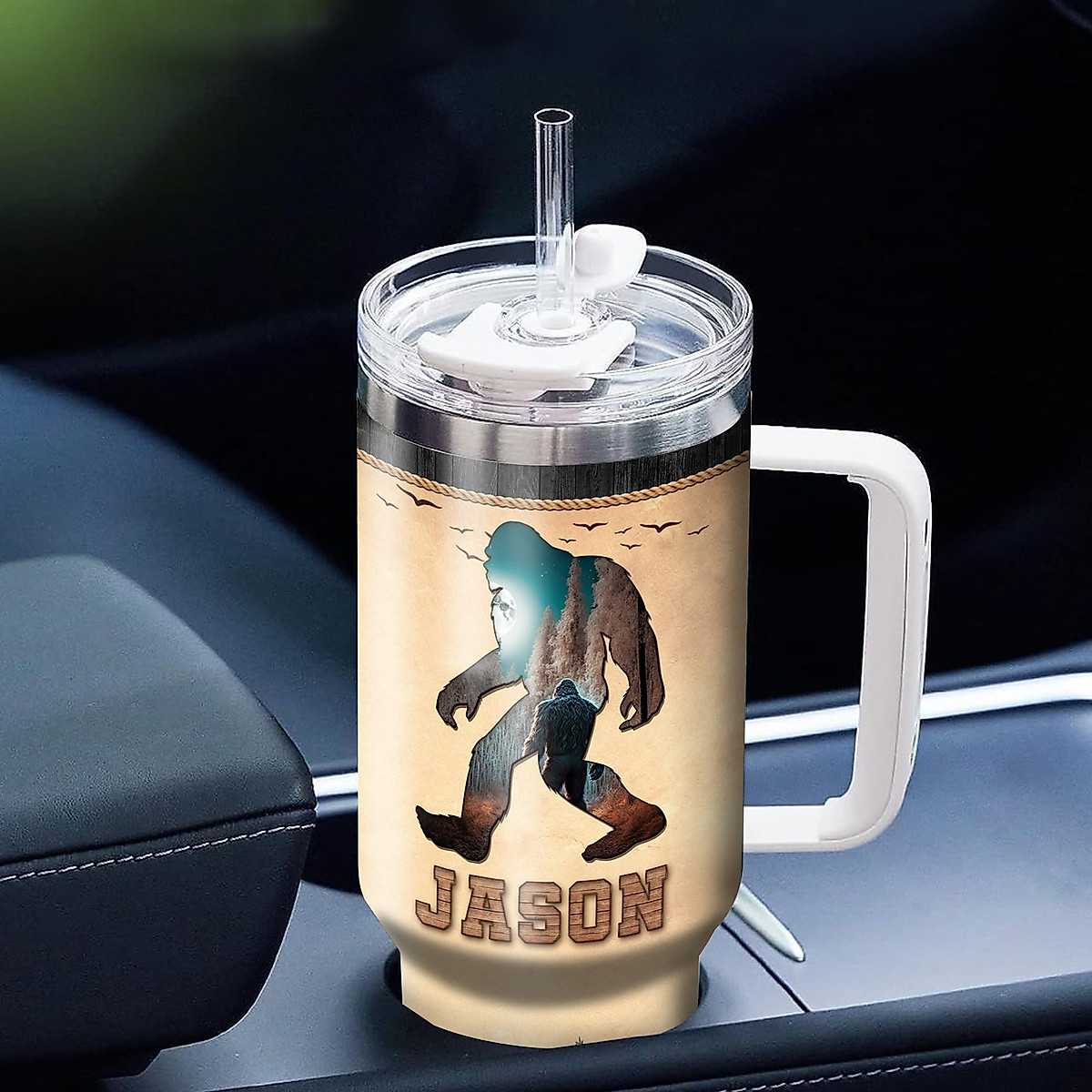 WAZONE Personalized Bigfoot Cup With Lid Custom Name Tumbler 40oz with Handle and Straw Stainless Steel Double Wall Vacuum Thermos Travel Mug Birthday Christmas Presents Gift For Men Women