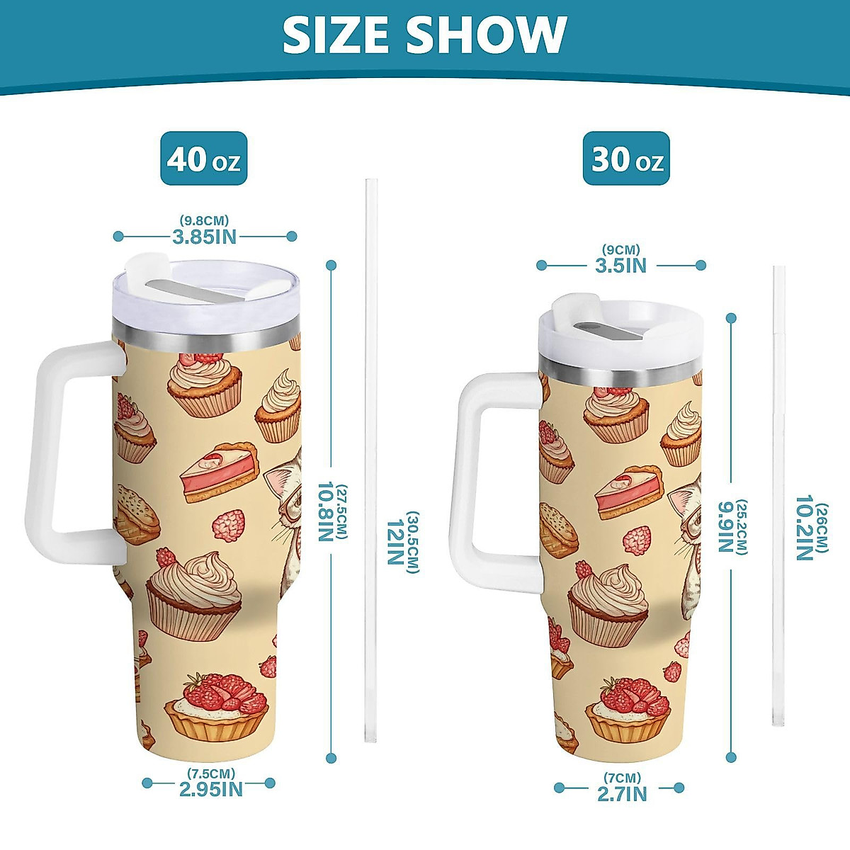 Msyxl 30 oz Insulated Stainless Steel Tumbler with Handle and Straw Lid - Leak-proof Coffee Mug for Men Women, Travel Mug Fits Cup Holder (Cat Cakes)