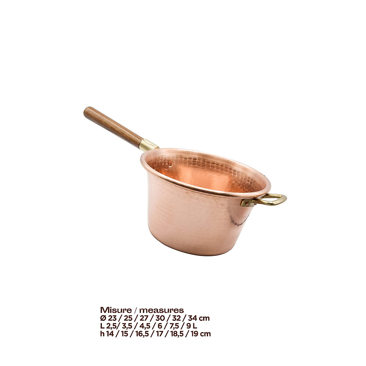CREARTISTIC Made in Italy - Red Copper Pot For Polenta – 10.6 Inch - 4.8 Qt – For 6 People – Long Wood Handle – Pure Copper Pan – Italian CookWare – Hammered Copper – Copper chef – Copper Pots