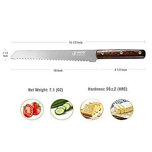 Premium 10 Inches German High-Carbon Stainless Steel Bread Knife - Ultra Sharp Serrated Blade, Full Tang Natural Wooden Handle - Ideal for Slicing Bread Cake Fruits & Vegetables