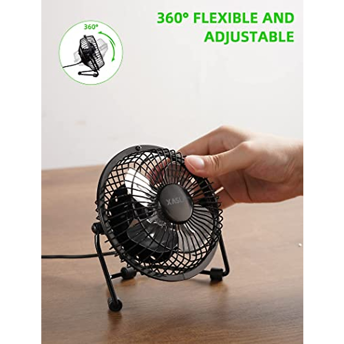 xasla 4 Inch Small USB Desk Fan, Mini Quiet Fan with Metal Construction & Strong Airflow & 360°Adjustable Tilt Angle, Personal Cooling Fan for Desktop Office (Black)…