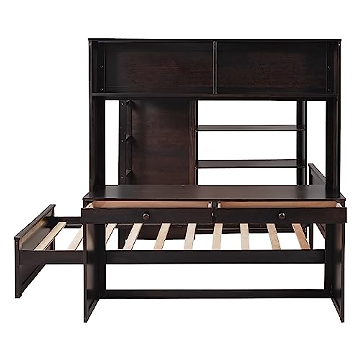 SOFTSEA Full Over Twin Bunk Bed with Desk, Full Size Loft Bed with Wardrobe and Storage, Wood Loft Bed with Stand-Alone Bed for Kids Teens (Espresso)