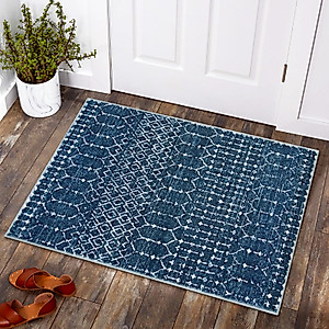 Lahome Moroccan Indoor Rugs for Entryway - 2x3 Area Rug Non-Slip Backing Washable Inside Door Mats Low-Profile Throw Soft Rugs for Bathroom, Geometric Print Distressed Blue Rug for Kitchen Bedside