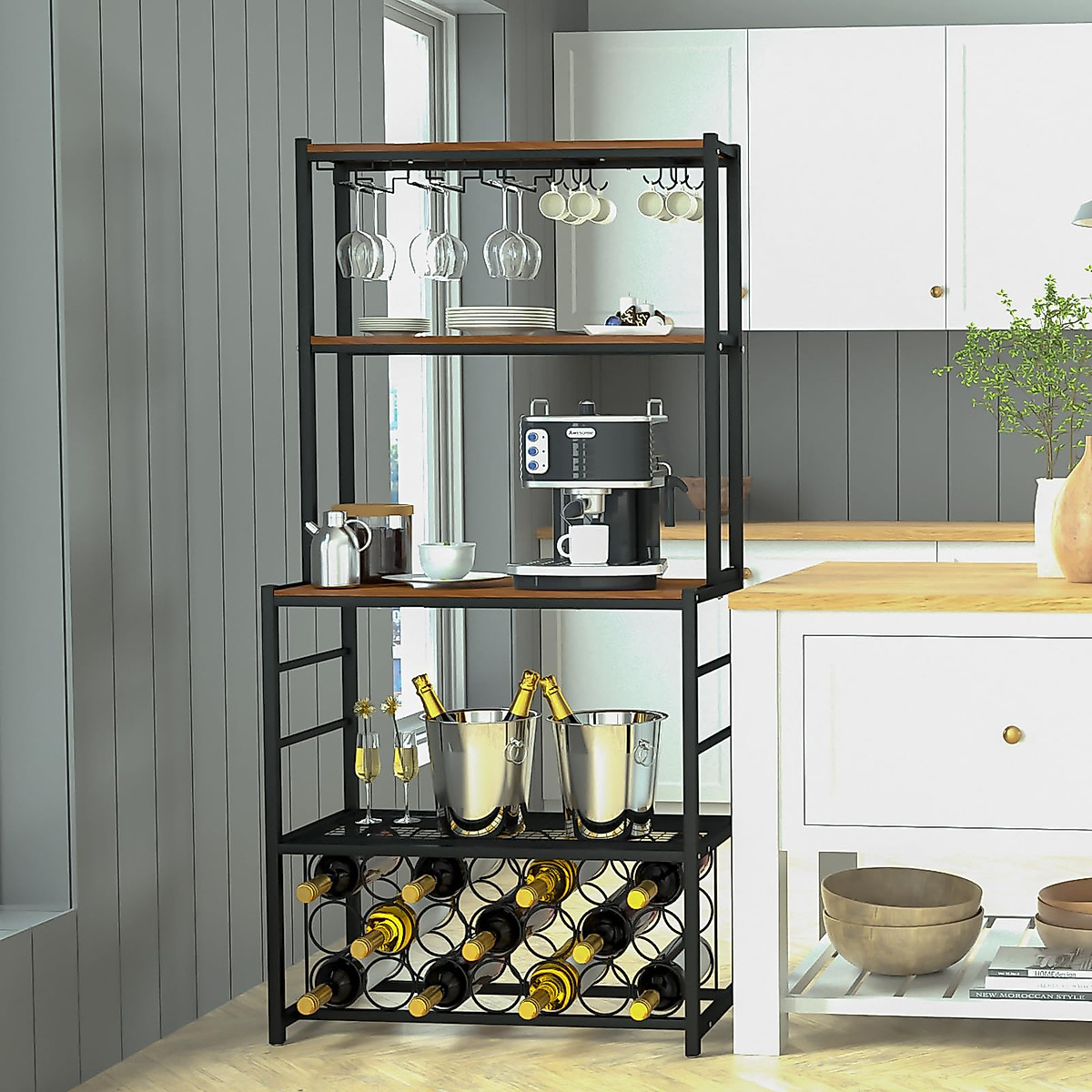 FIDVEKL Wine Rack Freestanding Floor, 5-Tier Industrial Wine Rack Freestanding Floor with Glass Holder and Wine Storage for Home Kitchen Dining Room, Rustic Brown