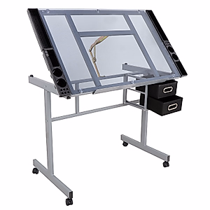 F2C Rolling Drawing Desk Craft Station Art Craft Hobby Drafting Table Desk Glass Top with Drawers