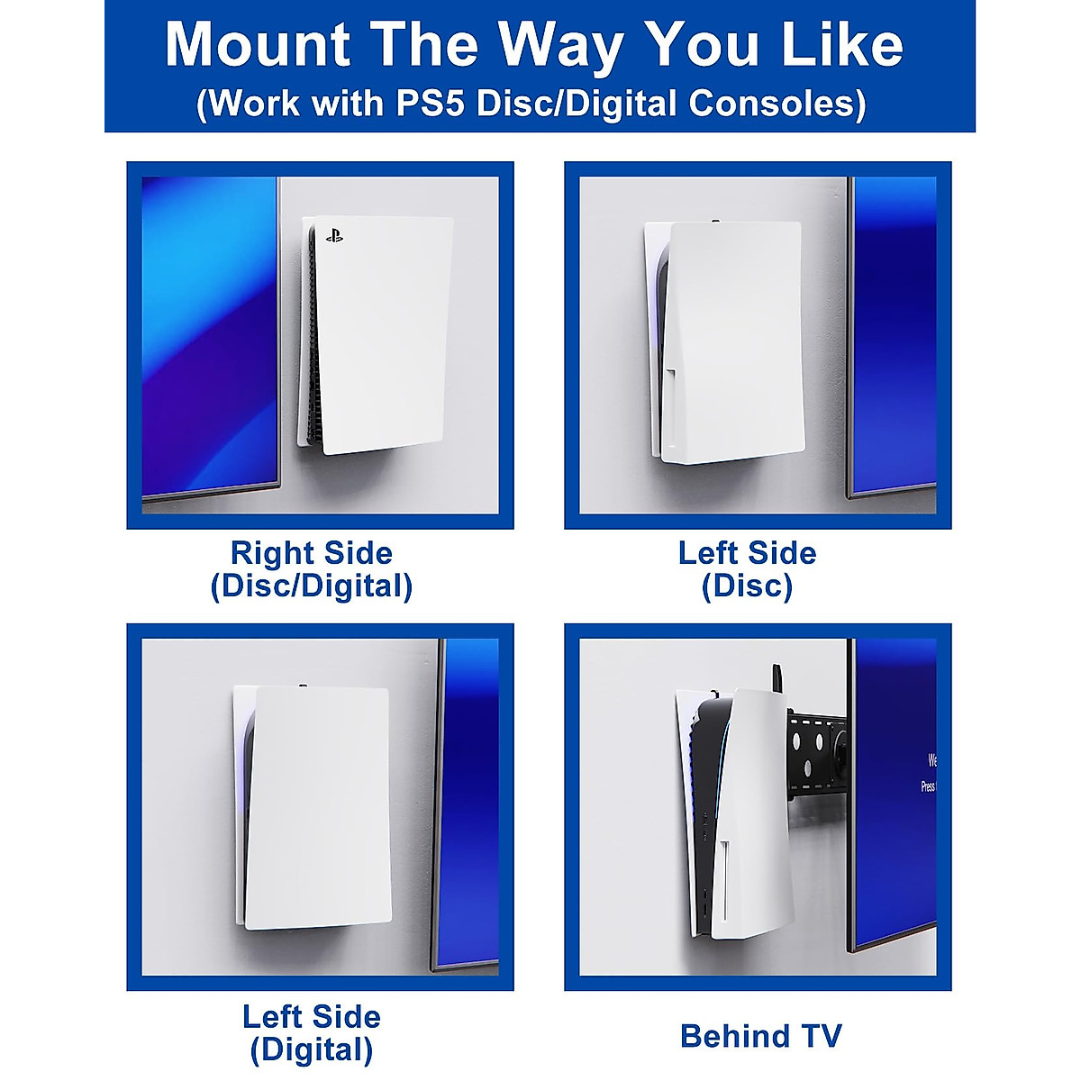 PS5 Wall Mount for PlayStation 5 Disc Edition and Digital Edition (Mount The Console on Wall Near or Behind TV with Invisible Design), Including 2 Accessories Holders (Black) - Not for PS5 Slim