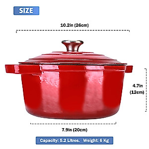 Puricon 5.5 Quart Enameled Cast Iron Dutch Oven with Lid, 5.5 QT Deep Round Dutch Oven Pot with Dual Handles -Red