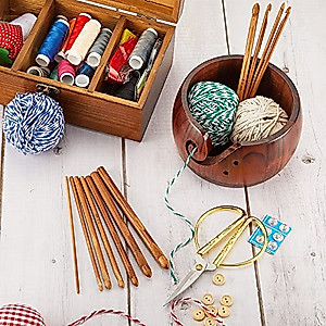 Wooden Yarn Bowl Crocheting Bowl Round Knitting Wool Storage Yarn Bowl Handmade with Holes 12 Pieces Crochet Hooks for Crocheting Knitting DIY Crafts Tools (Dark Brown,6 x 3 x 3 Inch)