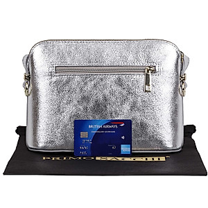 PRIMO SACCHI Ladies Italian Textured Metallic Silver Leather Small Triangular Shoulder Crossbody Bag