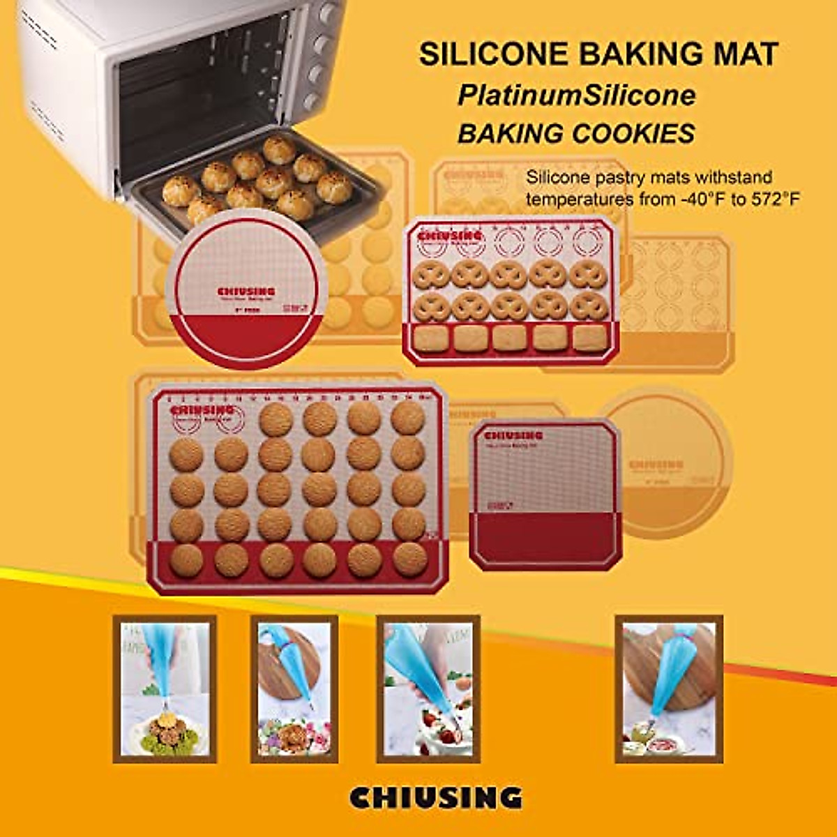 Silicone macaron baking mats with measurements,6 piece BPA free macaron silicone bake pastry mat for cake,cookie,pizza and macaron