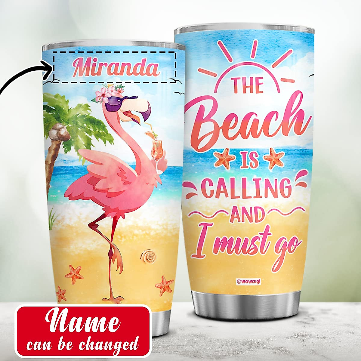 Personalized Flamingo Tumblers - Stainless Steel Coffee Travel Cup 20oz & 30oz - Custom Gifts for Women, Girls, Kids - Summer Vacation & Beach Trip