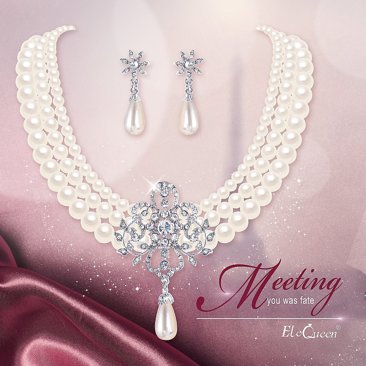 EleQueen Women's Silver-Tone Ivory Simulated Pearl Crystal Victorian Style Statement Necklace Earrings Bridal Wedding Sets