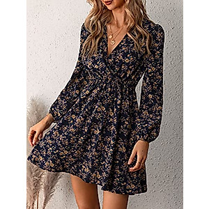 CUPSHE Women's V Neck Ditsy Floral Mini Dress Long Sleeve A Line Dress Surplice Short Dress Multicoloured