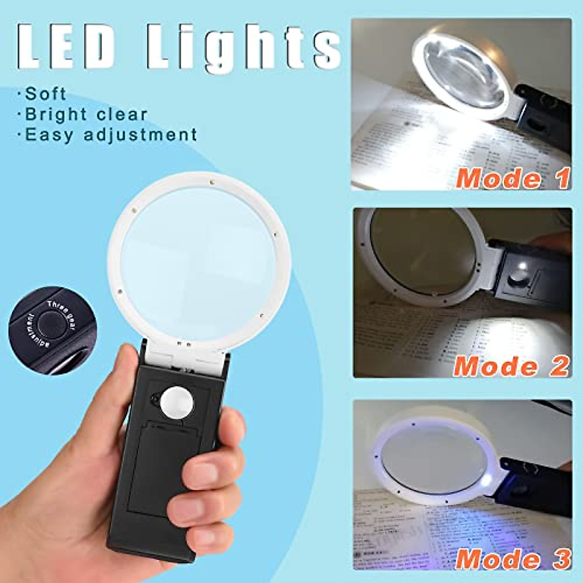 Anourney Magnifying Glass 30X 40X with Light and Stand, Handheld Standing LED Illuminated Magnifier, Folding Reading Magnifying Glass with for Seniors Read, Coins, Stamps, Map, Jewelry, Close Work