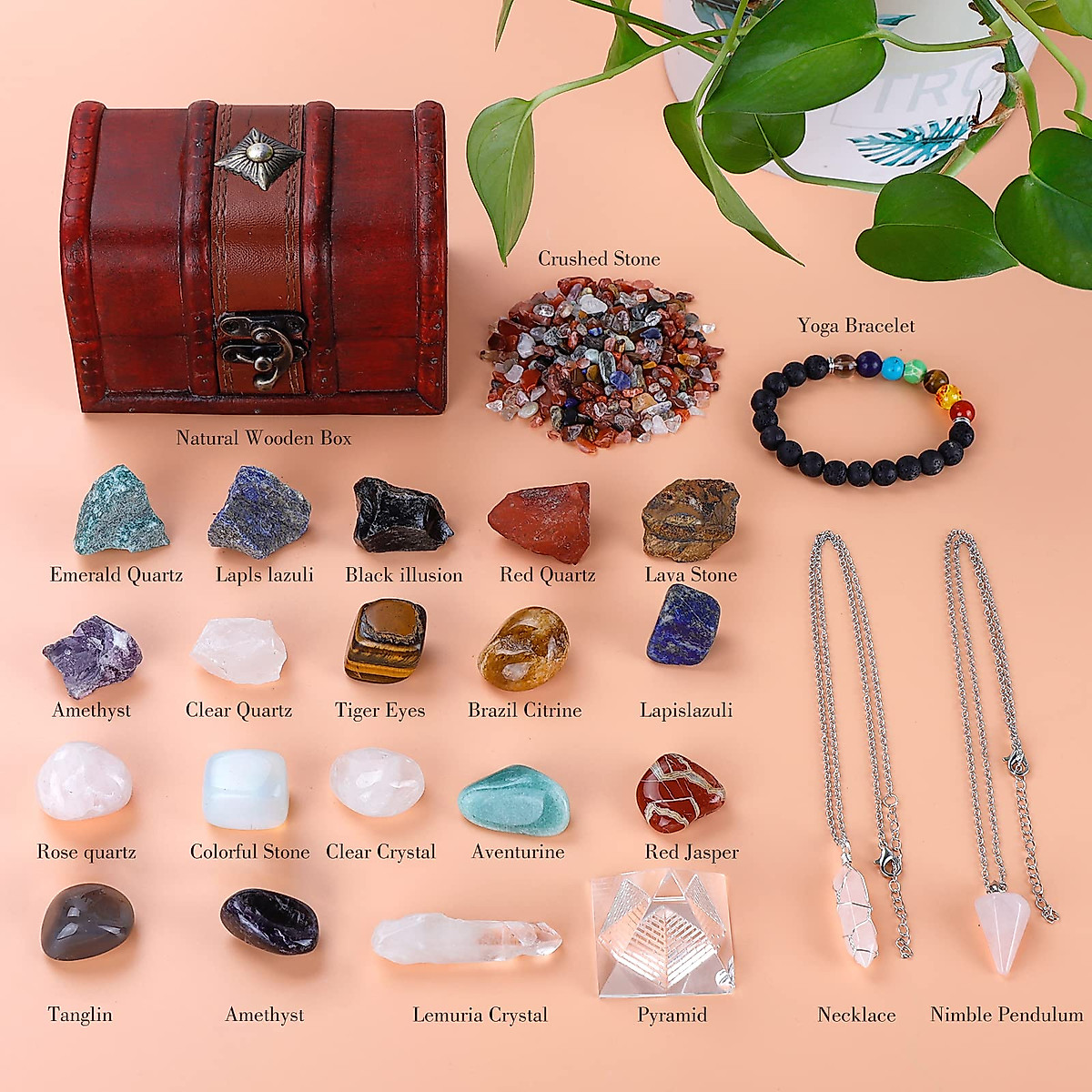 24Pcs Crystals and Healing Stones Set Include 14 Healing Chakra Stones, Natural Quartz Pendulum, Spiritual Crystal Necklace, Gift Wooden Box for Meditation, Yoga, Collection, Girlfriend, Lady