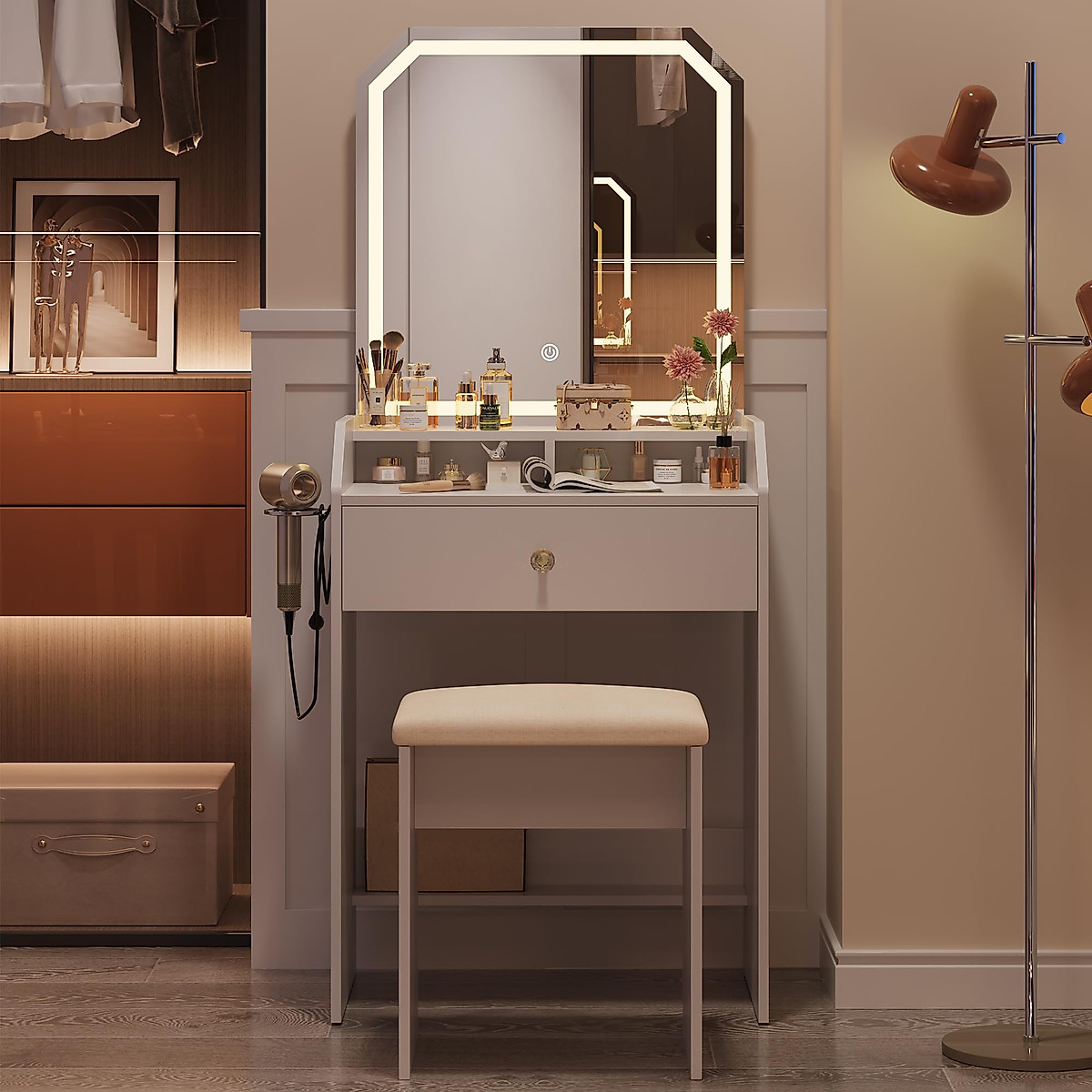 Small Makeup Vanity Desk with Mirror and LED Lights, White Little Girls Vanity Table with Drawer and Cushioned Stool Set Kids Dressing Table Set for Bedroom 3 Color Lighting with Adjustable Brightness