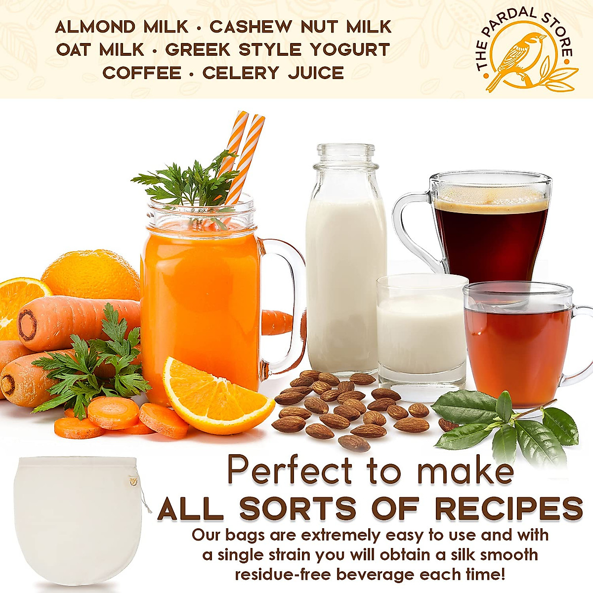 2023 NEW - 2 Pcs 14"x14" Nut Milk Bag - 100% Organic Unbleached Cotton Cheesecloth Bags/Food Strainer, Nut Milk Bag Reusable for Straining Oat Milk, Almond Milk, Cheese making, Celery Juice Nut Bag