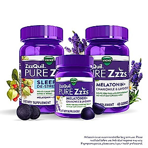 ZzzQuil PURE Zzzs De-Stress Melatonin Sleep Aid Gummies, Helps Calm Your Mind and Body, Ashwagandha for Stress Support, Sleep Aids for Adults, 1 mg per gummy, 42 Count