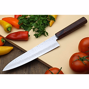 Yoshihiro VG10 46 Layers Hammered Damascus Gyuto Japanese Chefs Knife (Octagonal Shitan Rosewood Handle) (9.5" (240mm)