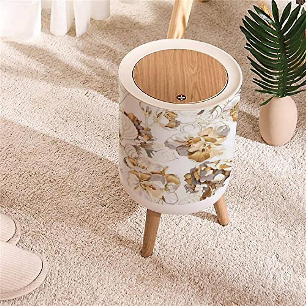 Small Trash Can with Lid Seamless with a Gold Hydrangea and Cherry Flowers Round Recycle Bin Press Top Dog Proof Wastebasket for Kitchen Bathroom Bedroom Office 7L/1.8 Gallon