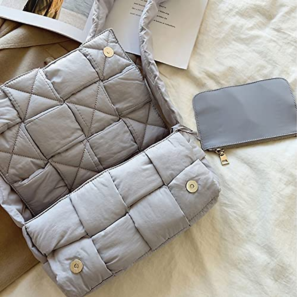 Weayouth Cotton Padded Cassette Tote Bag Puffer Crossbody Shoulder Woven Designer Purses Puffy Down Handbag For Women 2022 (Grey)