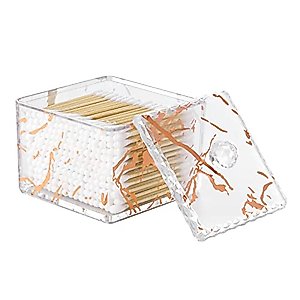 Luxspire Cotton Swab Holder Storage Box with Lid, Q-Tip Holder Cotton Ball Canister Jar Cotton Bud Round Dispenser Box, Cosmetic Vanity Organizer Bathroom Accessories Canisters, Clear + Gold Marble