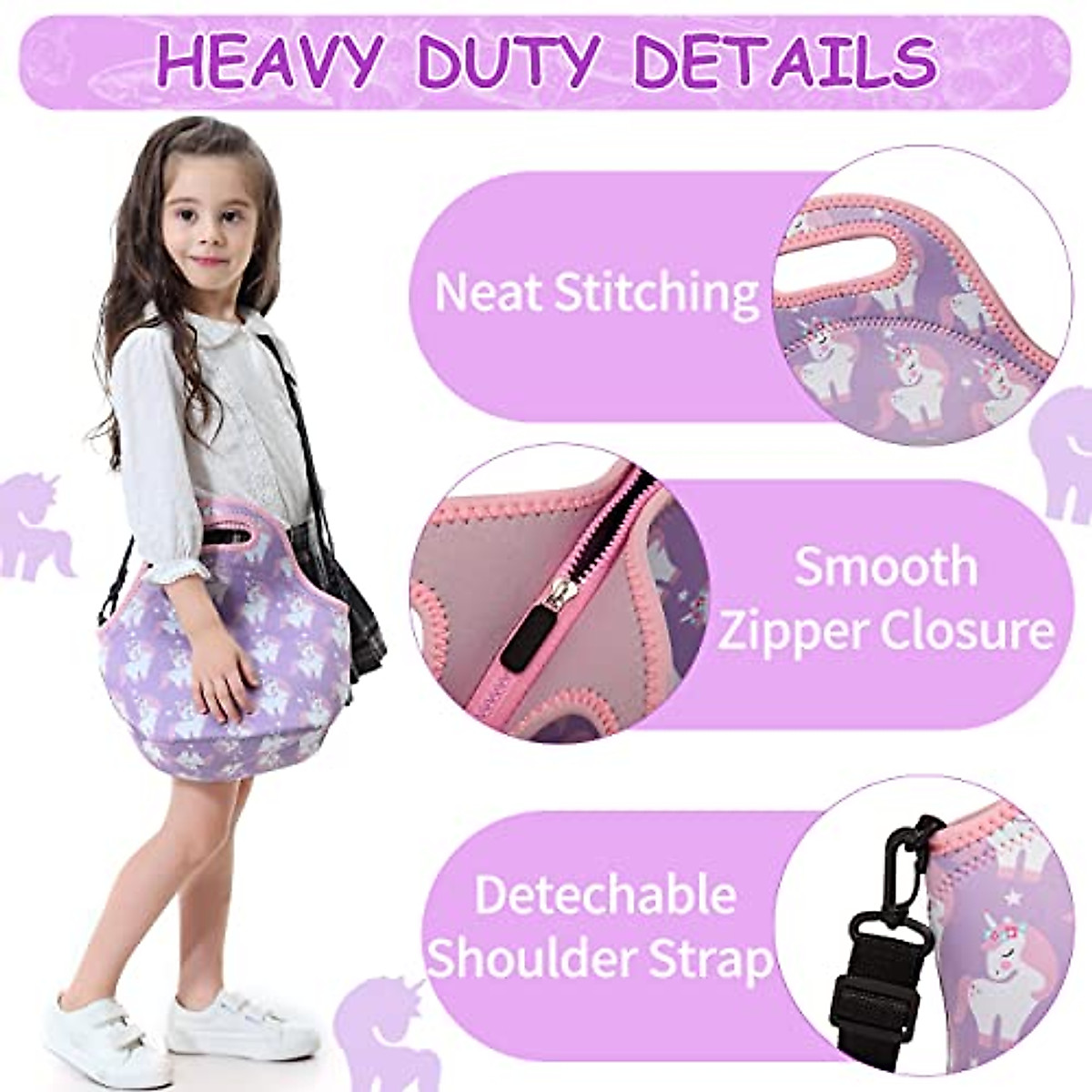 Lunch Box Bag for Girls,VASCHY Neoprene Insulated Lunch Tote with Detachable Adjustable Shoulder Strap in Pink Unicorn