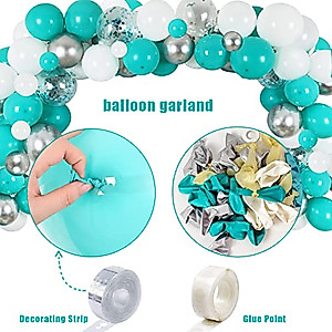 Happy Birthday Decorations Teal Balloon Garland for Girls Birthday Teal and silver Glitter Backdrop Teal Blue Balloons Garland Kit and Teal Dot Disposable Tablecloth