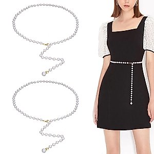 ASVNRES Rhinestone Pearl Elastic Waist Chain Belt, Women Skinny Metal Cinch Belt Gold Waist Belt for Dress Gift for Jeans Dress