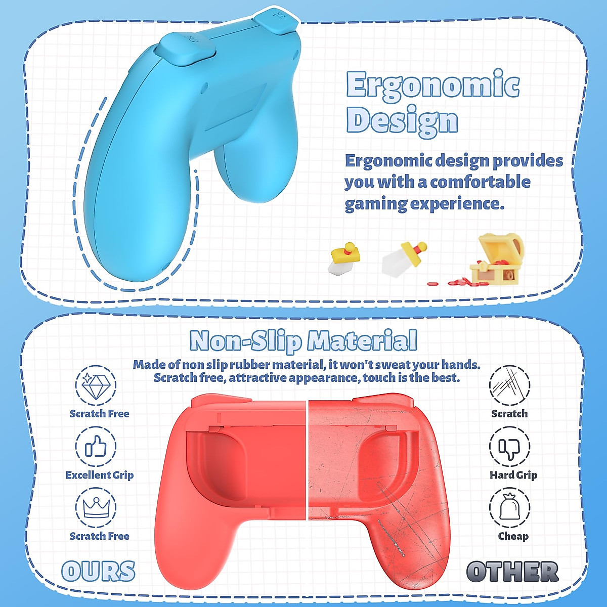 FastSnail Grips Compatible with Nintendo Switch Joy-Con, Wear-Resistant Handle Kit Compatible with Switch Joy Cons Controllers, 2 Pack (Blue and Red)