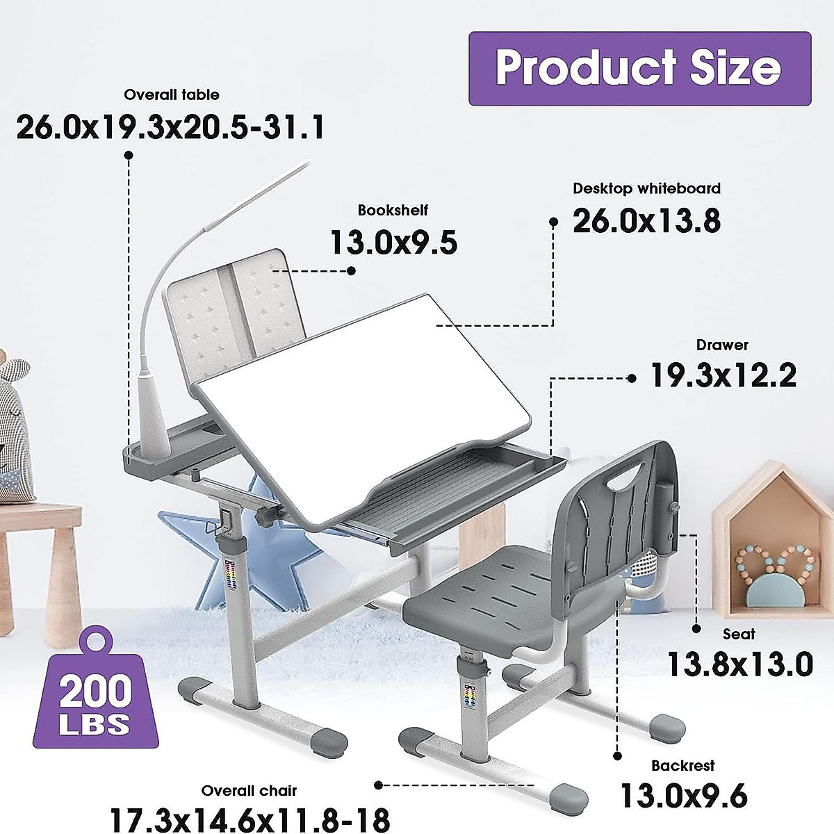 BELANITAS Kids Desk and Chair Set 3-12 Years, Kids School Desk for Kids, Height Adjustable Kids Study Desk with Light, 40-Degree Tiltable Desktop Kid Desk, Space Grey