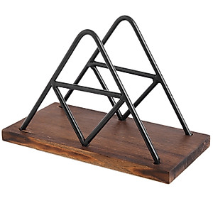 MyGift Matte Black Metal Wire Triangle Napkin Holder with Rustic Burnt Solid Wood Base, Tabletop Geometric Serviette Dispenser Rack - Holds up to 100 Paper Napkins