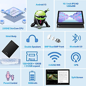 2024 Newest 10 Inch Tablet Android 13 Tablets with Keyboard, 12GB RAM 128GB ROM 512GB Expand, Octa-Core, 5G/2.4G WiFi, HD IPS Display, 8000mAh Tablet PC with Case Mouse GPS Split Screen Support-Black