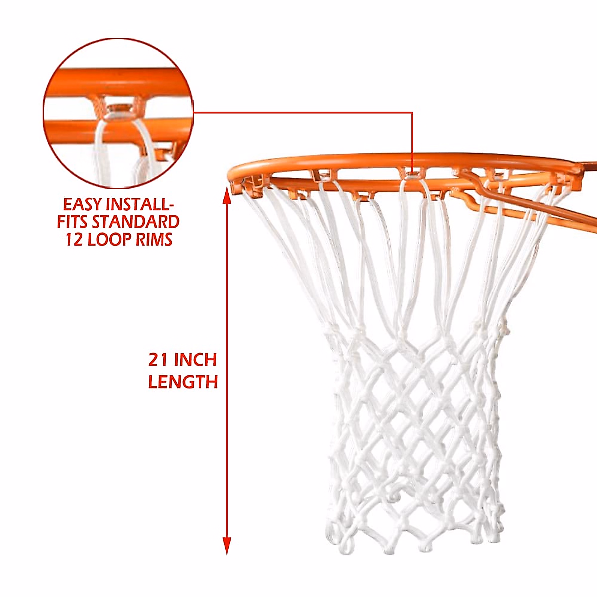 Heavy Duty Basketball Net Replacement, (7.47 oz) Upgrade Professional Basketball Net,All-Weather Anti Whip 21 inches Standard Thick Nets, 12 Loops for Indoor and Outdoor Replacement Net (White)