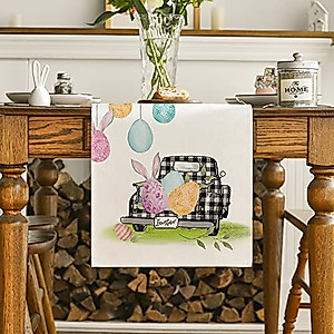 Artoid Mode Eggs Buffalo Plaid Truck Easter Table Runner, Spring Seasonal Holiday Kitchen Dining Table Decor for Indoor Outdoor Home Party Decoration 13 x 72 Inch