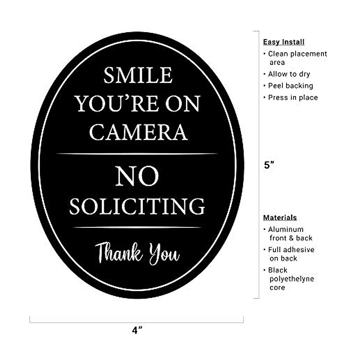 All Hung Up 4" x 5" Smile You're on Camera & No Soliciting Sign for House, 3M Self-Adhesive for Door,Window,Wall, Durable Quality Aluminum Metal Surface, Home,Business,Office, Thank You, Black