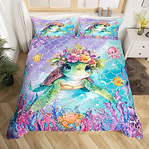 Feelyou Sea Turtle Bedding Set Full Size Animal Blue Coastal Comforter Cover Set for Boys Girls Mermaid Scales Beach Coastal Duvet Cover Breathable Ocean Summer Bedspread Cover Room Decor Quilt Cover