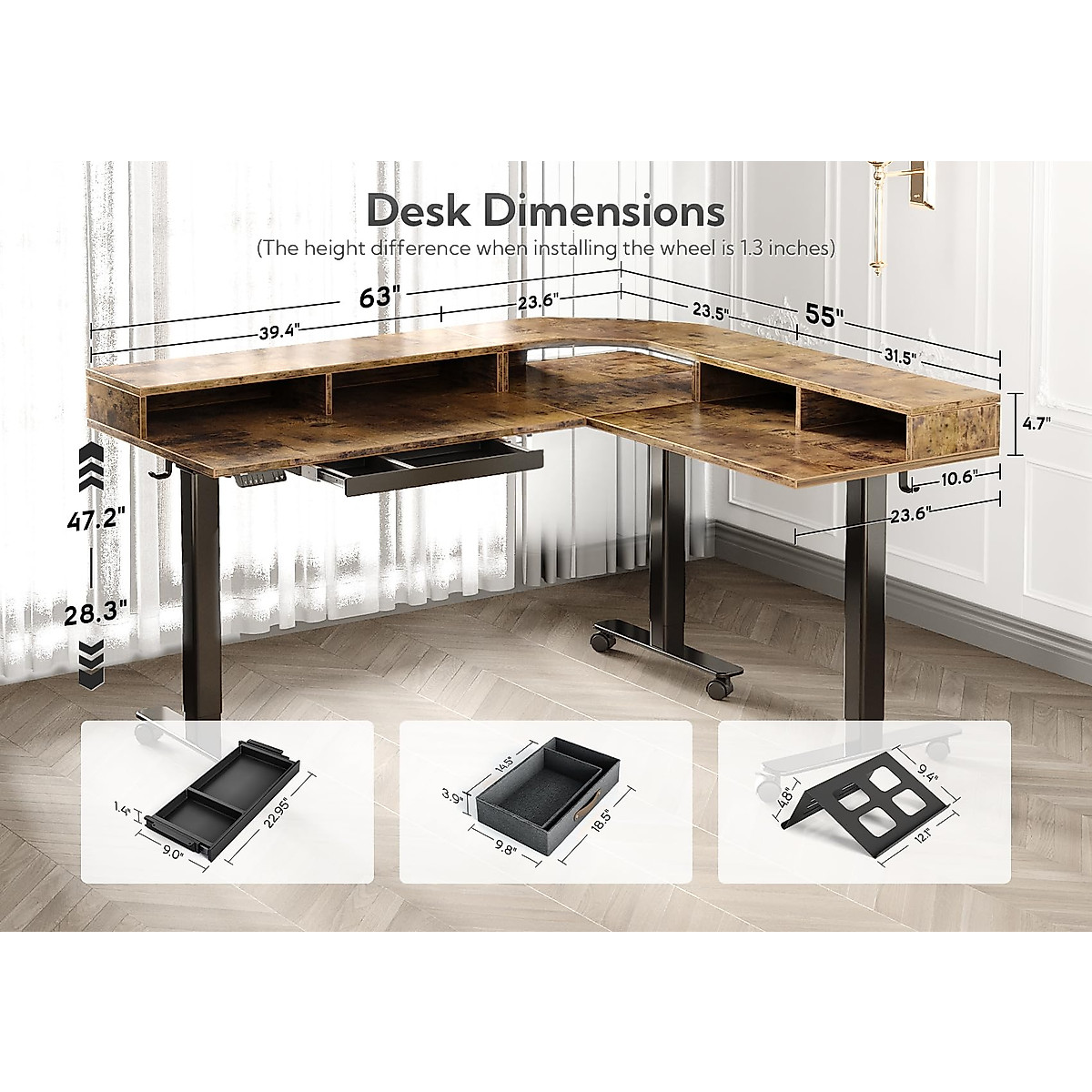 Claiks Triple Motor 63" L Shaped Standing Desk with Drawers, Electric Standing Desk Adjustable Height, Corner Stand up Desk with Splice Board, Black Frame/Rustic Brown Top