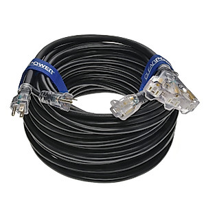 Clear Power Combo Pack 150ft 12/3 SJTW Black Outdoor Extension Cord w/Power Indicator Light & 2ft Black 3-Outlet Adapter w/Power Indicator Light, CP10223
