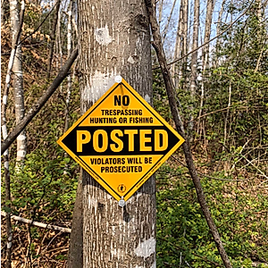 No Trespassing, No Hunting, No Fishing, Boundary Marker, Small, Diamond, Aluminum, Yellow, 10 Pack