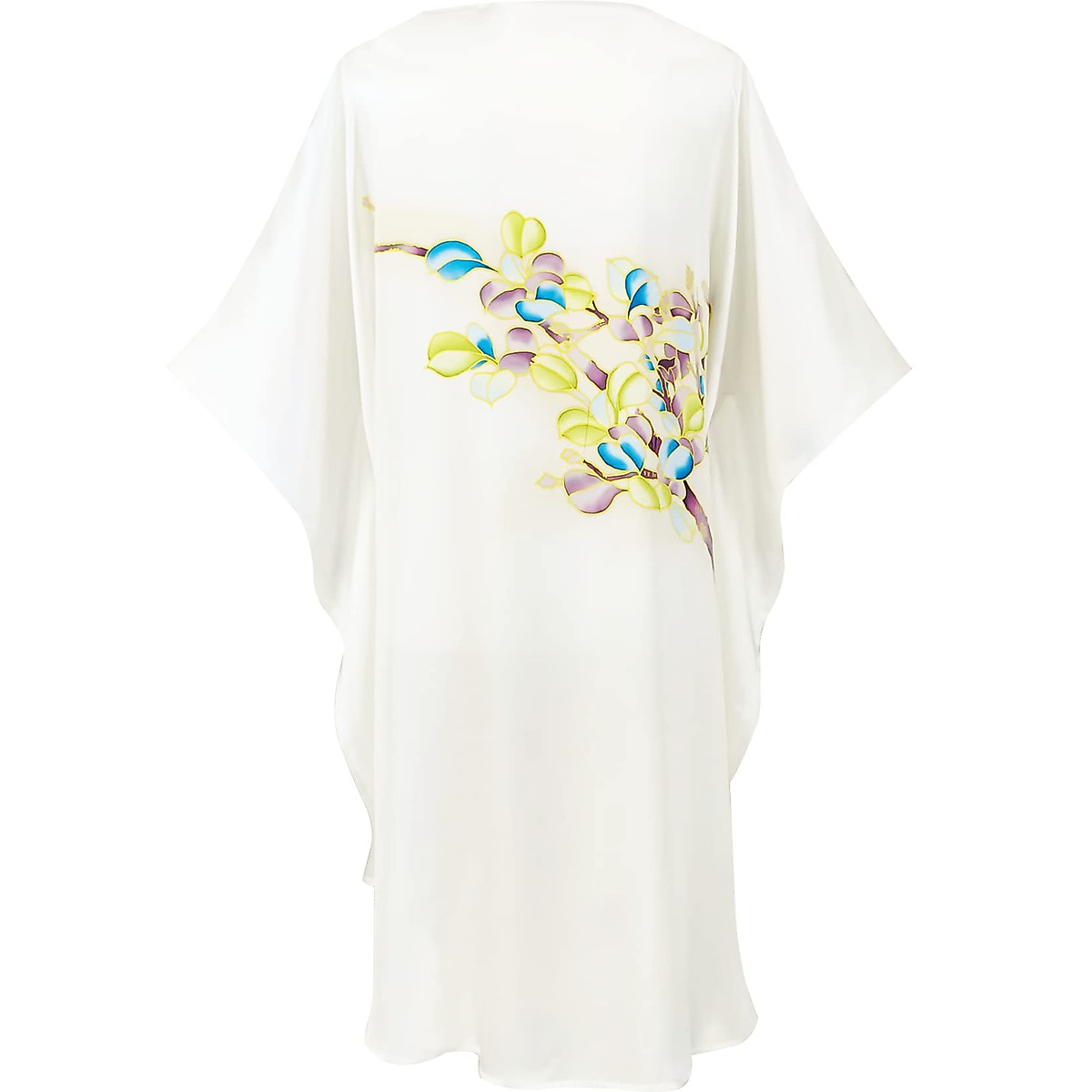 Kwedhonjh lady 100% silk pajamas, bat sleeve bathrobe - floral pattern (Peacock icon tooth white -a)