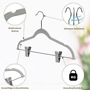 Quality Plastic 20-Pack - Non Velvet Non-Flocked Thin Compact Coat Hangers with Metal Clips for Skirts Pants Blouses - 360° Swivel Hook (Black, 20)