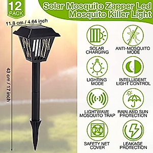 12 Pcs Solar Bug Zapper Outdoor 2 in 1 Solar Mosquito Fly Killer Waterproof Lighting Mosquito Repellent Lamp LED Mosquito Killer Light for Indoor Outdoor, Black