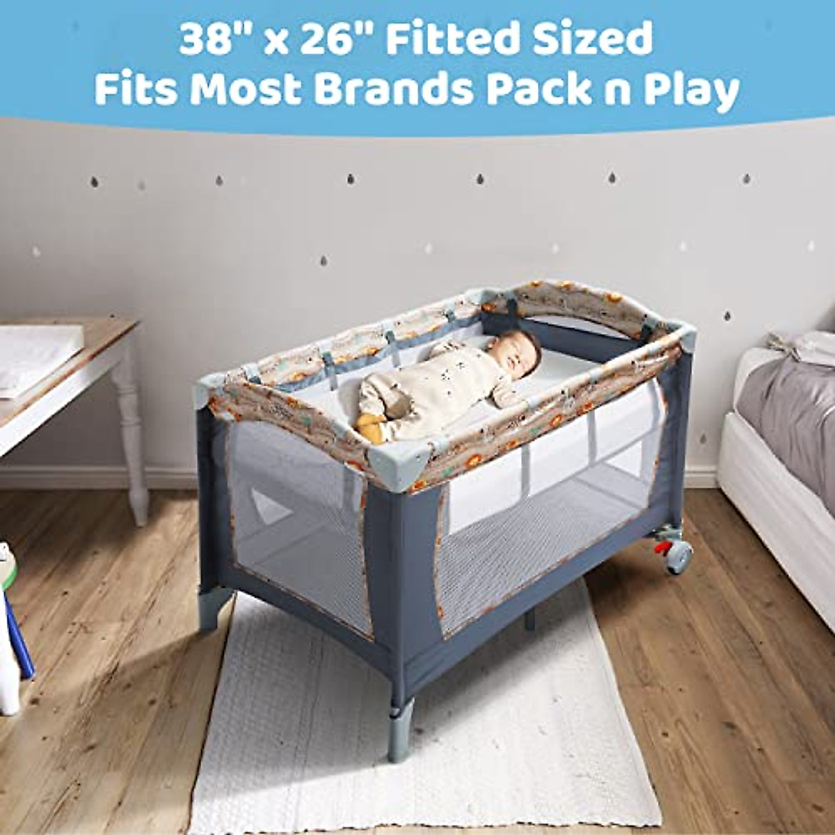 Foambesty® Waterproof Pack n Play Mattresses (38''x26''x3''), Fitted Pack and Play Mattress Pad, Dual Sided Soft Mini Crib Mattress for Baby & Toddlers, Travel Playard Pad, Includes Carry Strap