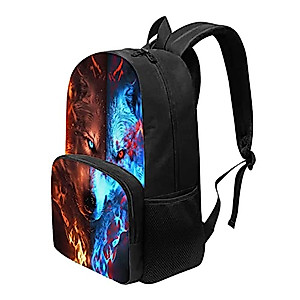 DMOYALA Cool Boys Backpack Fire and Ice Wolf Backpacks Girls Wolf School Bookbag Wolf School Bag Casual Lightweight School Backpack 17 Inch Backpack for 8-12