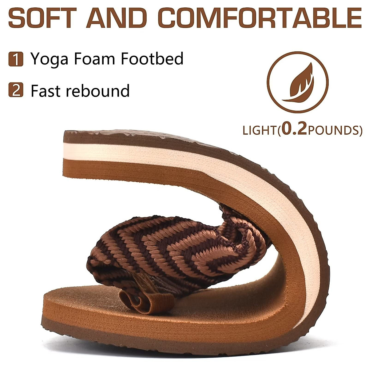 KuaiLu Men's Yoga Mat Leather Flip Flops Thong Sandals with Arch Support Khaki Brown Size 10